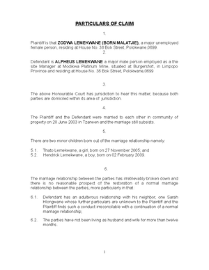 Particulars OF Claim Example - PARTICULARS OF CLAIM 1. Plaintiff is ...