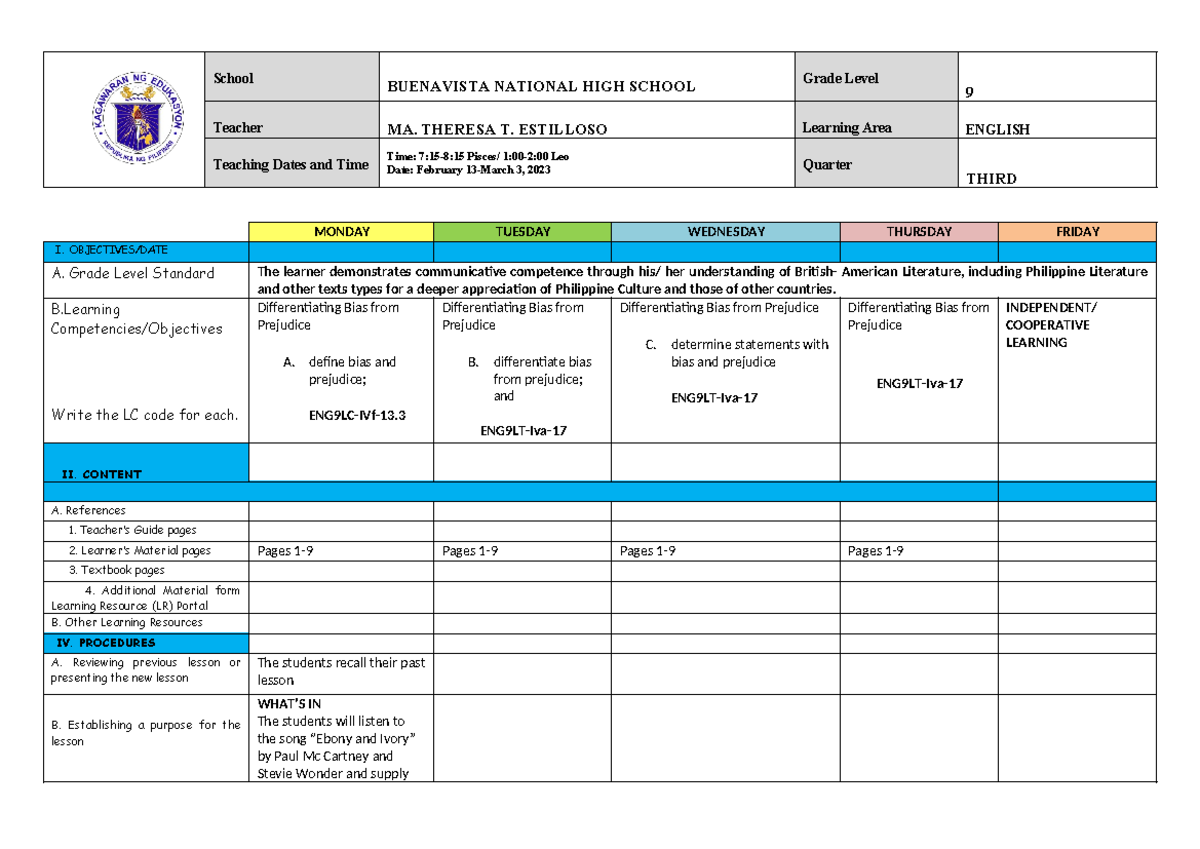 DLL - lesson log - School BUENAVISTA NATIONAL HIGH SCHOOL Grade Level 9 ...