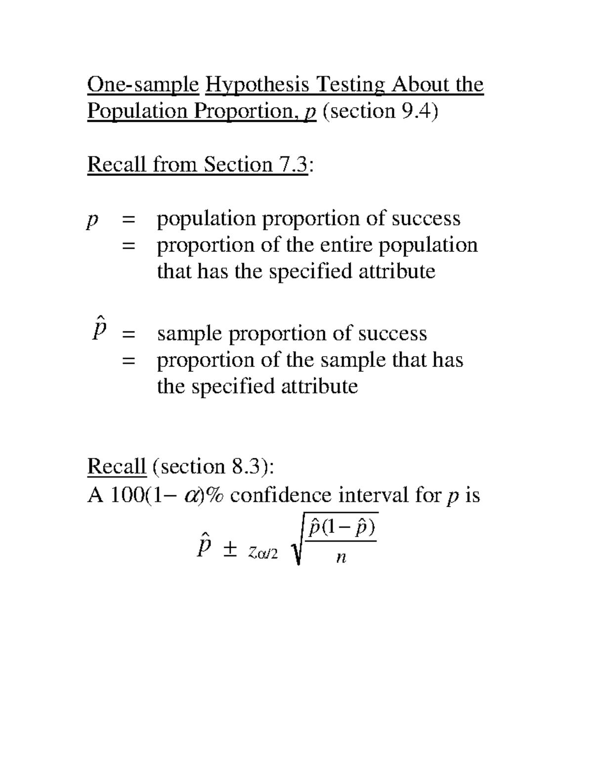 Stats 2035 - 9.4 Notes - One-sample Hypothesis Testing About the ...