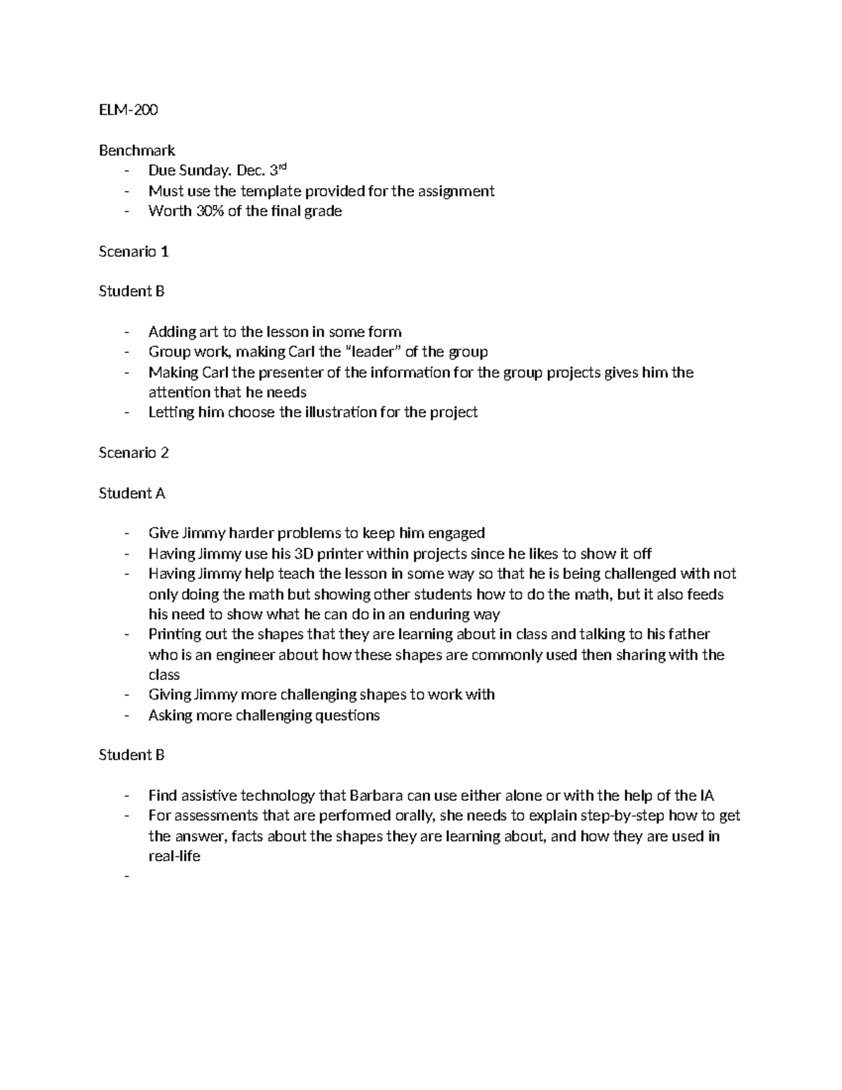 ELM-200 benchmark notes - ELM- Benchmark - Due Sunday. Dec. 3rd - Must ...