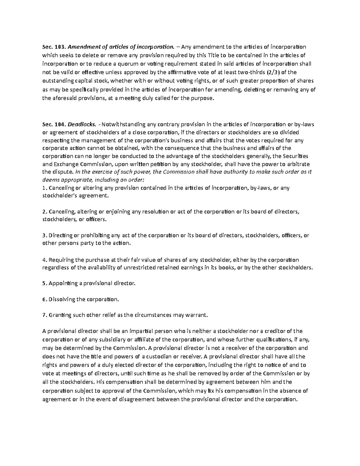 the law on partnerships and private corporations (Sec 103-Sec 116 ...