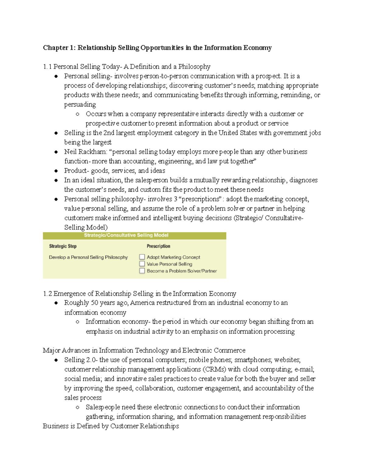 Chapter 1 Notes - Chapter 1: Relationship Selling Opportunities in the ...