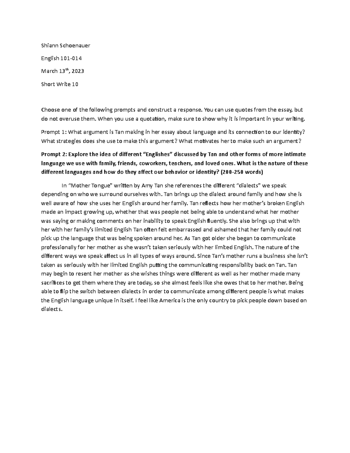 Short Write 10 - Choose one of the following prompts and construct a ...