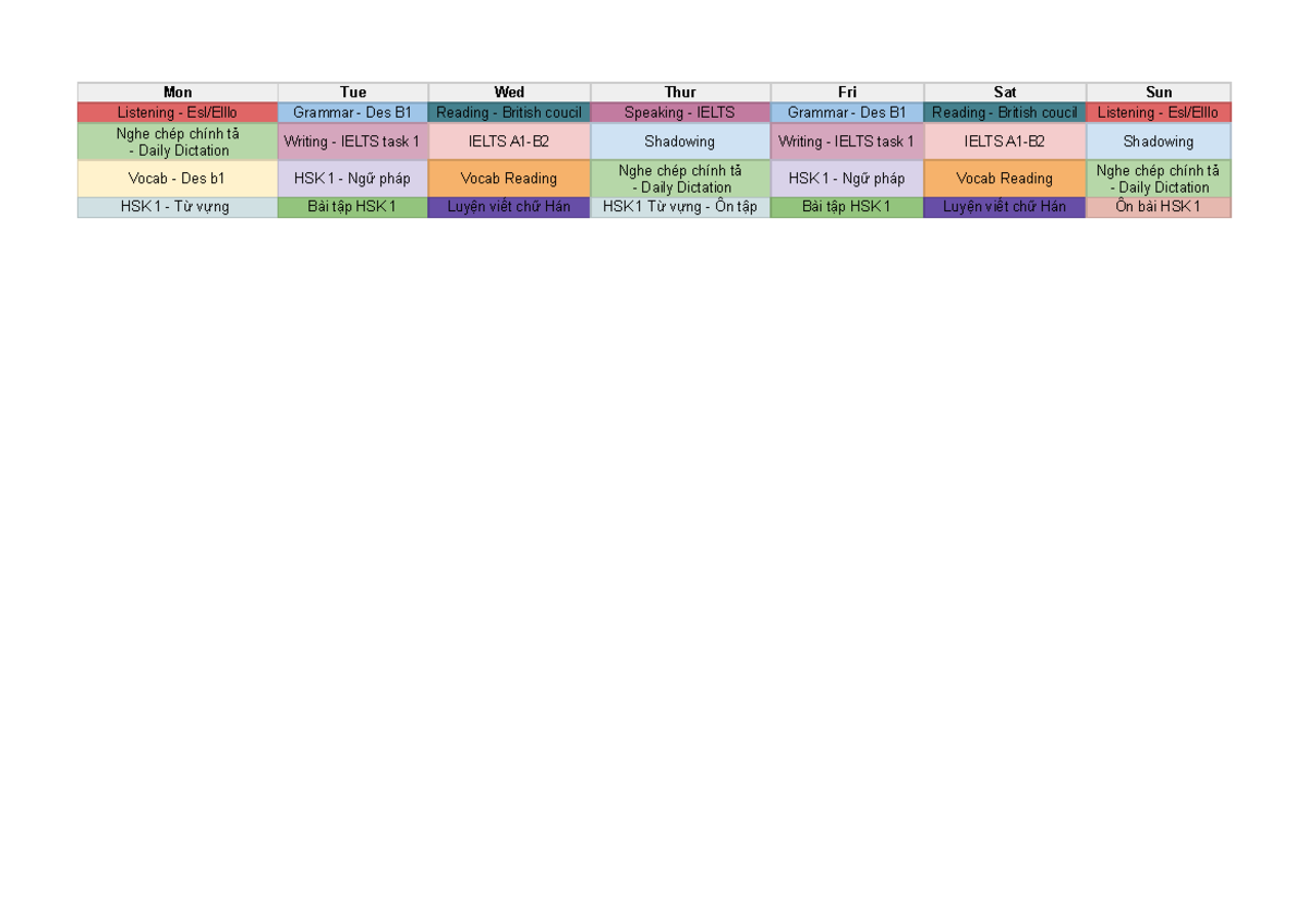 Schedule - Schedule - study plan - Mon Tue Wed Thur Fri Sat Sun ...