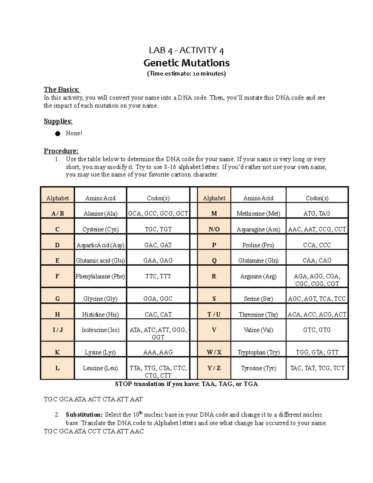 Copy of Lab4activity 4 geneticmutations - LAB 4 - ACTIVITY 4 Genetic ...