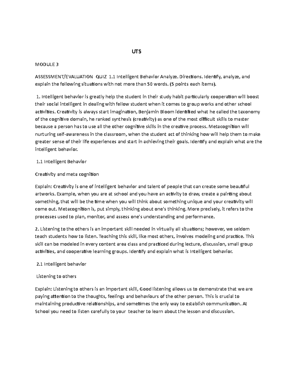 UTS module 3 - fighting - UTS MODULE 3 ASSESSMENT/EVALUATION QUIZ 1 ...