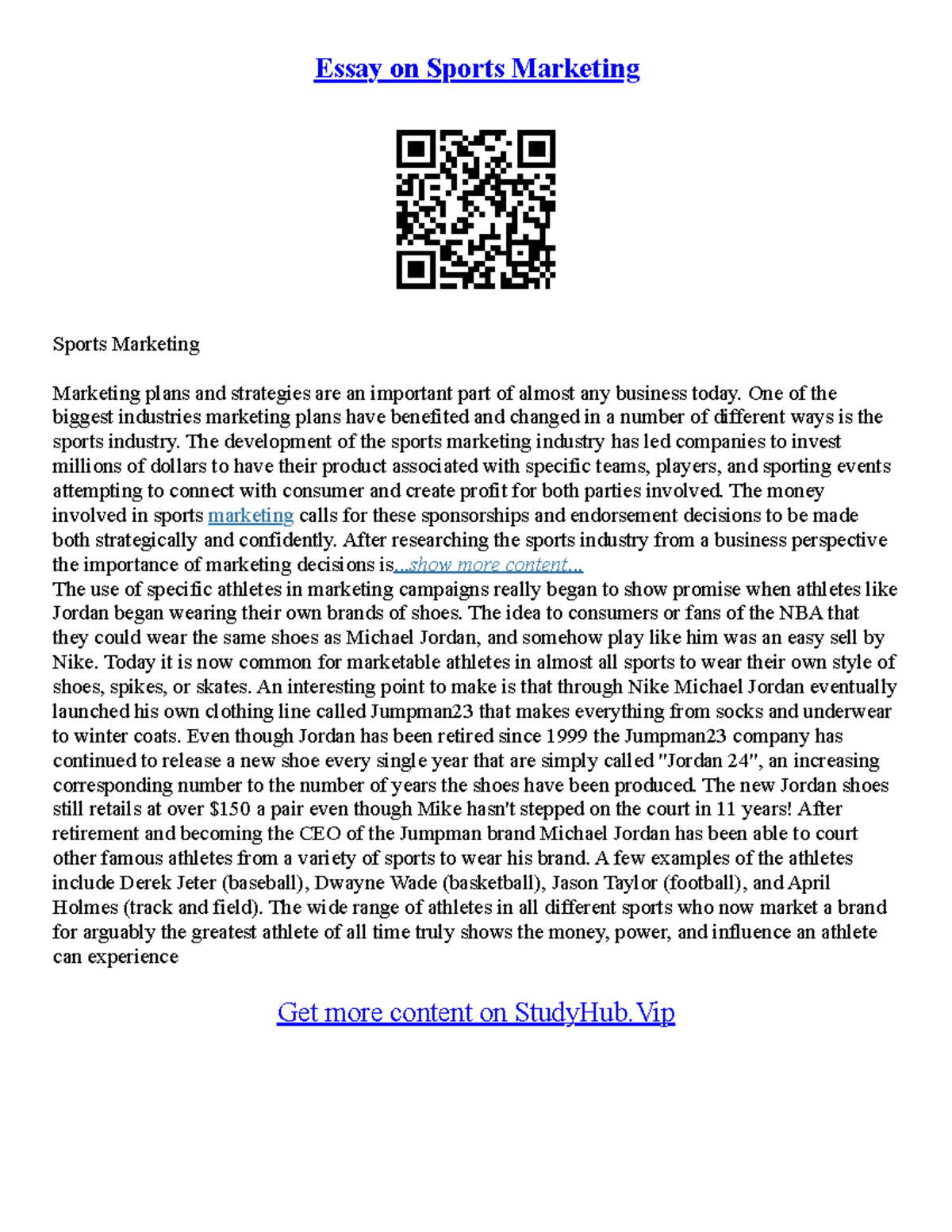 Essays On Sports - One of the biggest industries marketing plans have ...