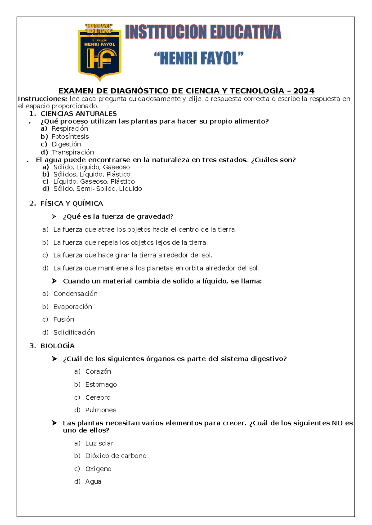 5° Ciencia Y Tecnología - EXAMEN DE DIAGNÓSTICO DE CIENCIA Y TECNOLOGÍA ...