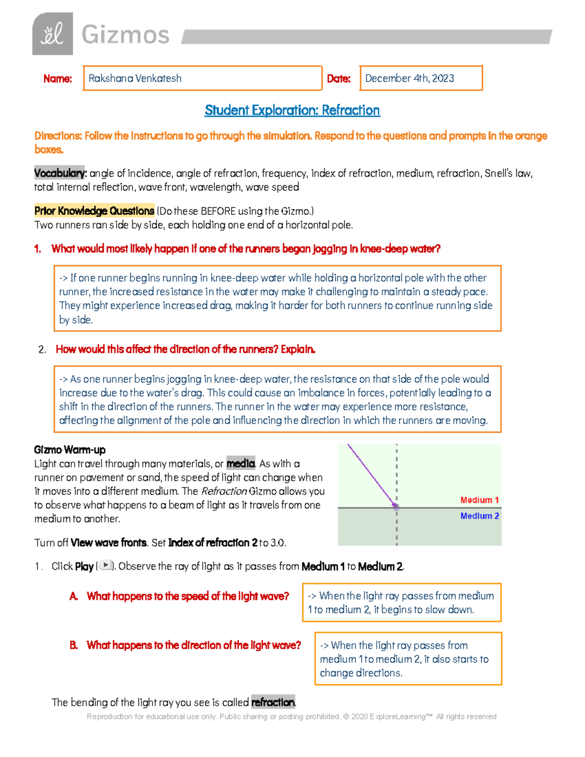 RV- Refraction Gizmo - Hope this helps :) - Name: Rakshana Venkatesh ...