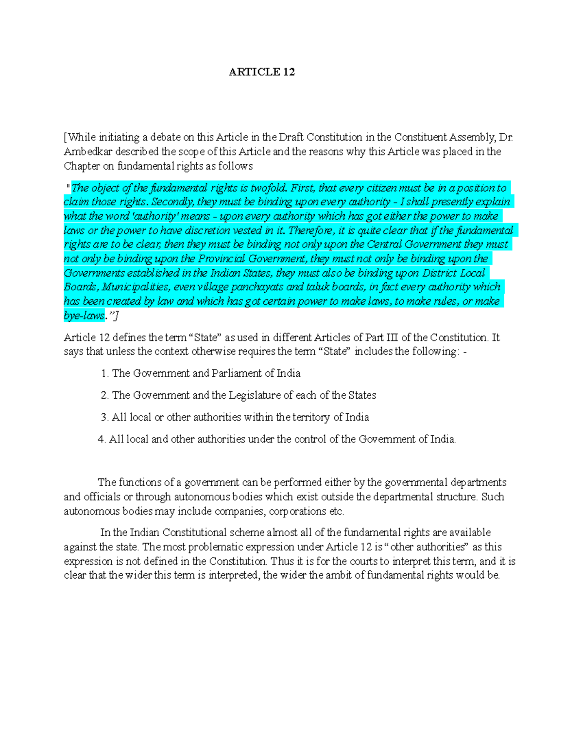 Article 12 students Notes - ARTICLE 12 [While initiating a debate on ...