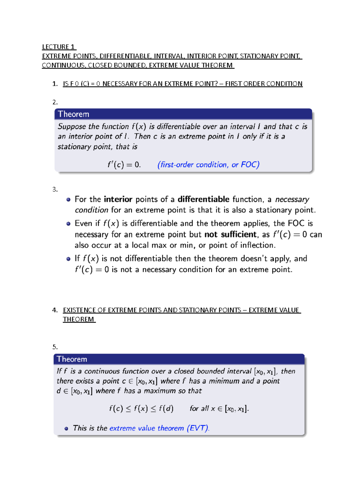EC123 Theorems - LECTURE 1 EXTREME POINTS, DIFFERENTIABLE, INTERVAL ...