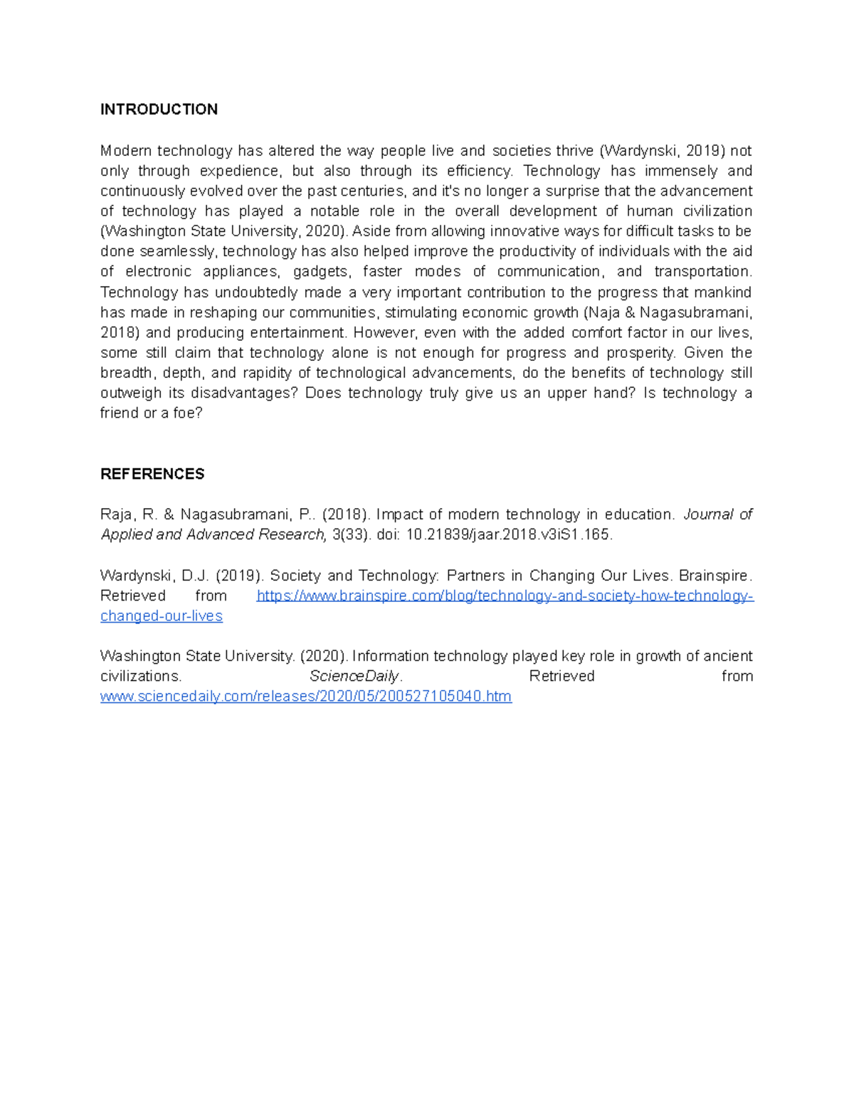 Introduction - HA 1 - INTRODUCTION Modern technology has altered the ...