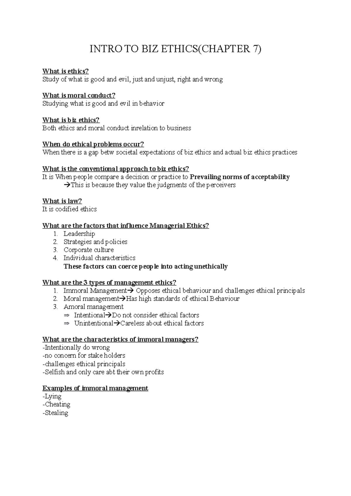 Intro TO BIZ Ethics Notes - INTRO TO BIZ ETHICS(CHAPTER 7) What is ...