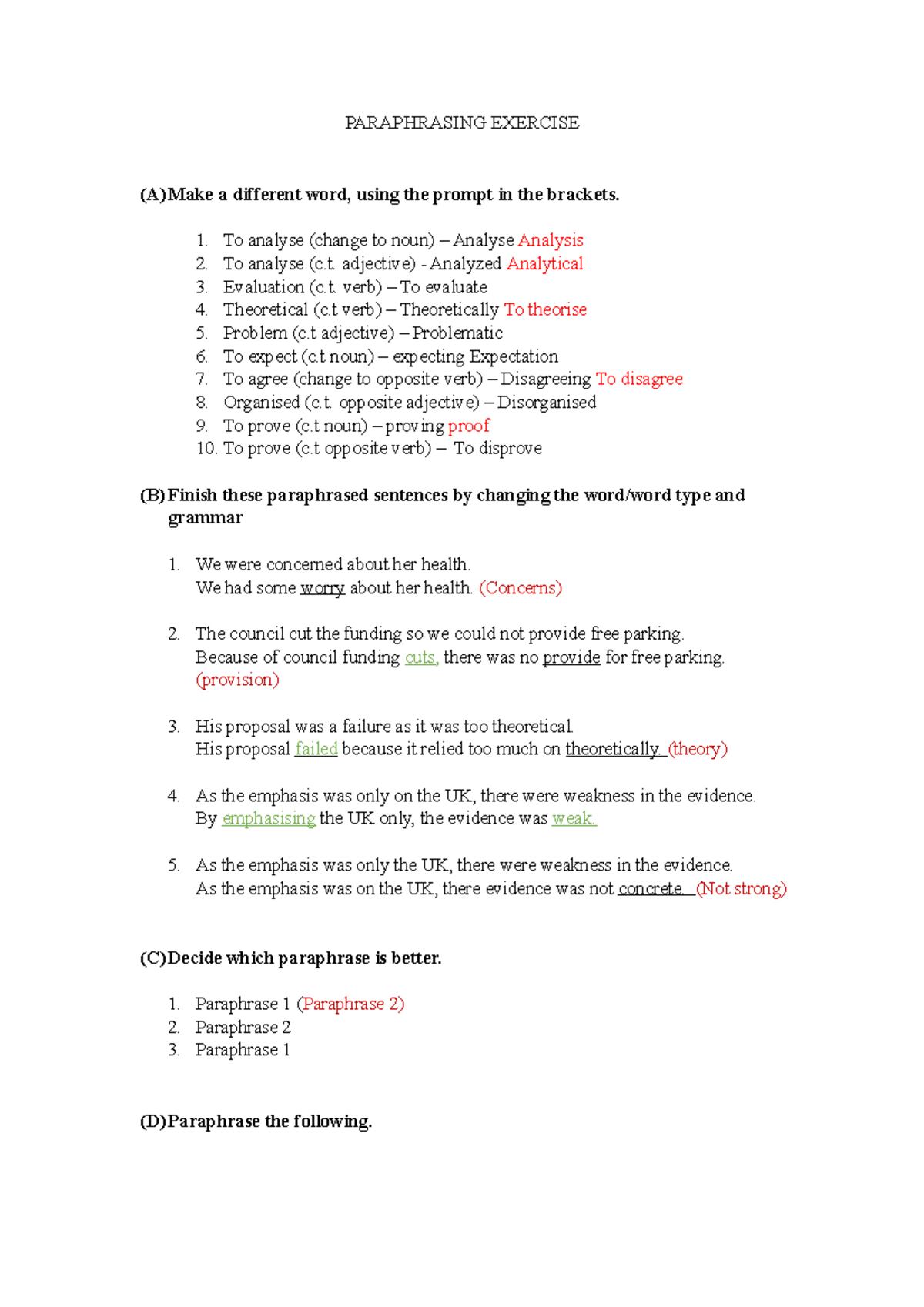 Paraphrasing Exercise - PARAPHRASING EXERCISE (A)Make a different word ...