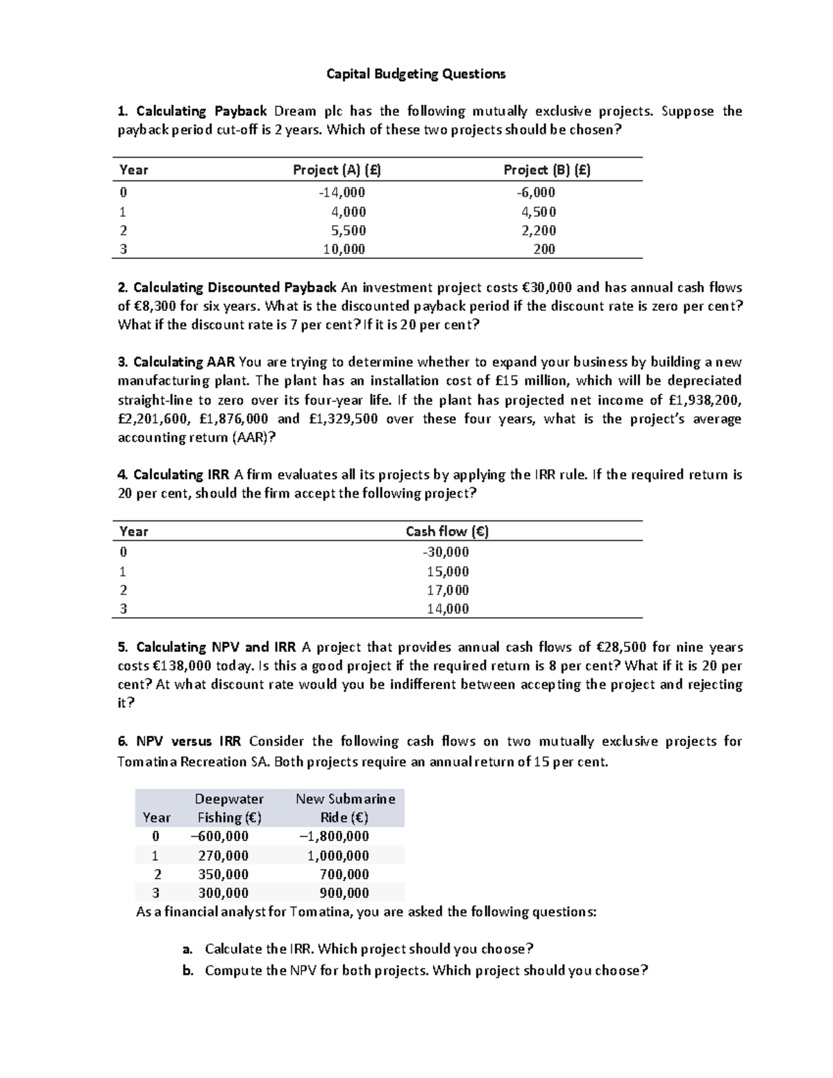 Capital Budgeting 1 - Seminar Questions - Capital Budgeting Questions ...