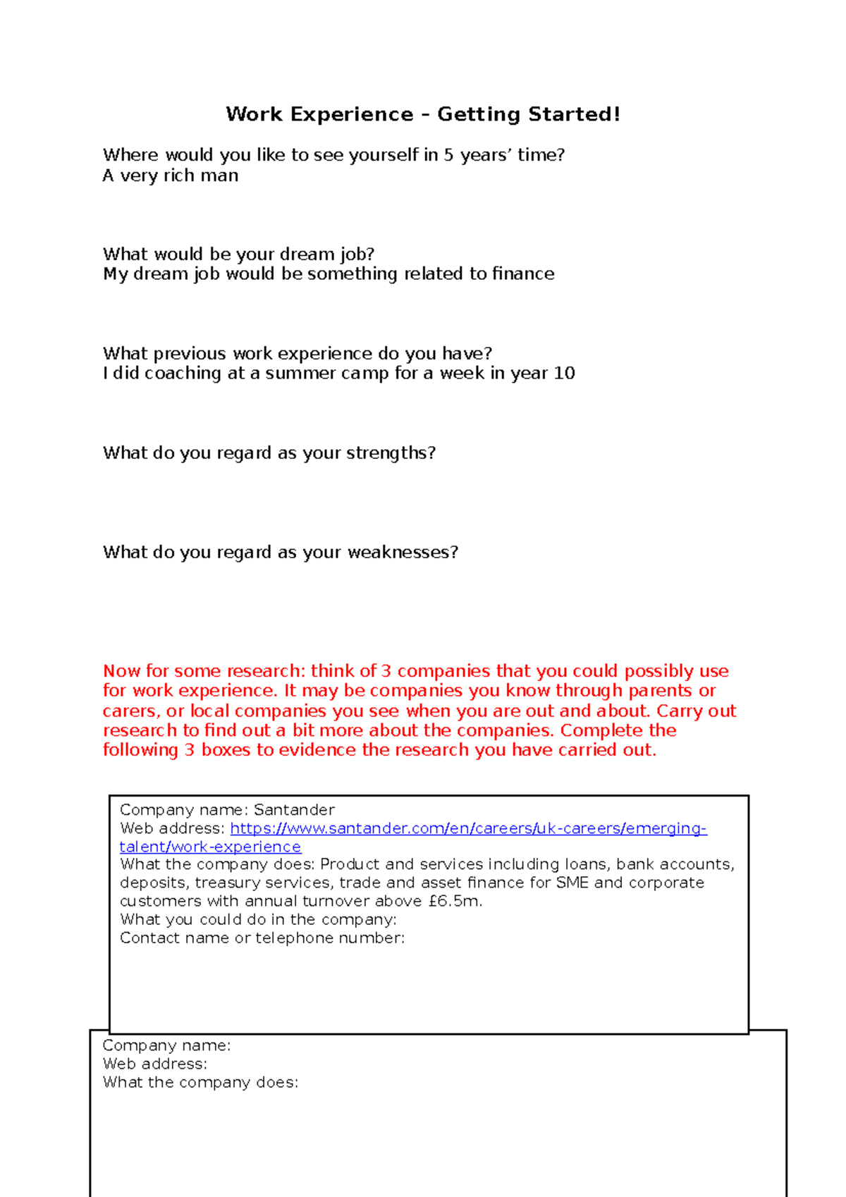 Work Experience Research - Work Experience – Getting Started! Where ...