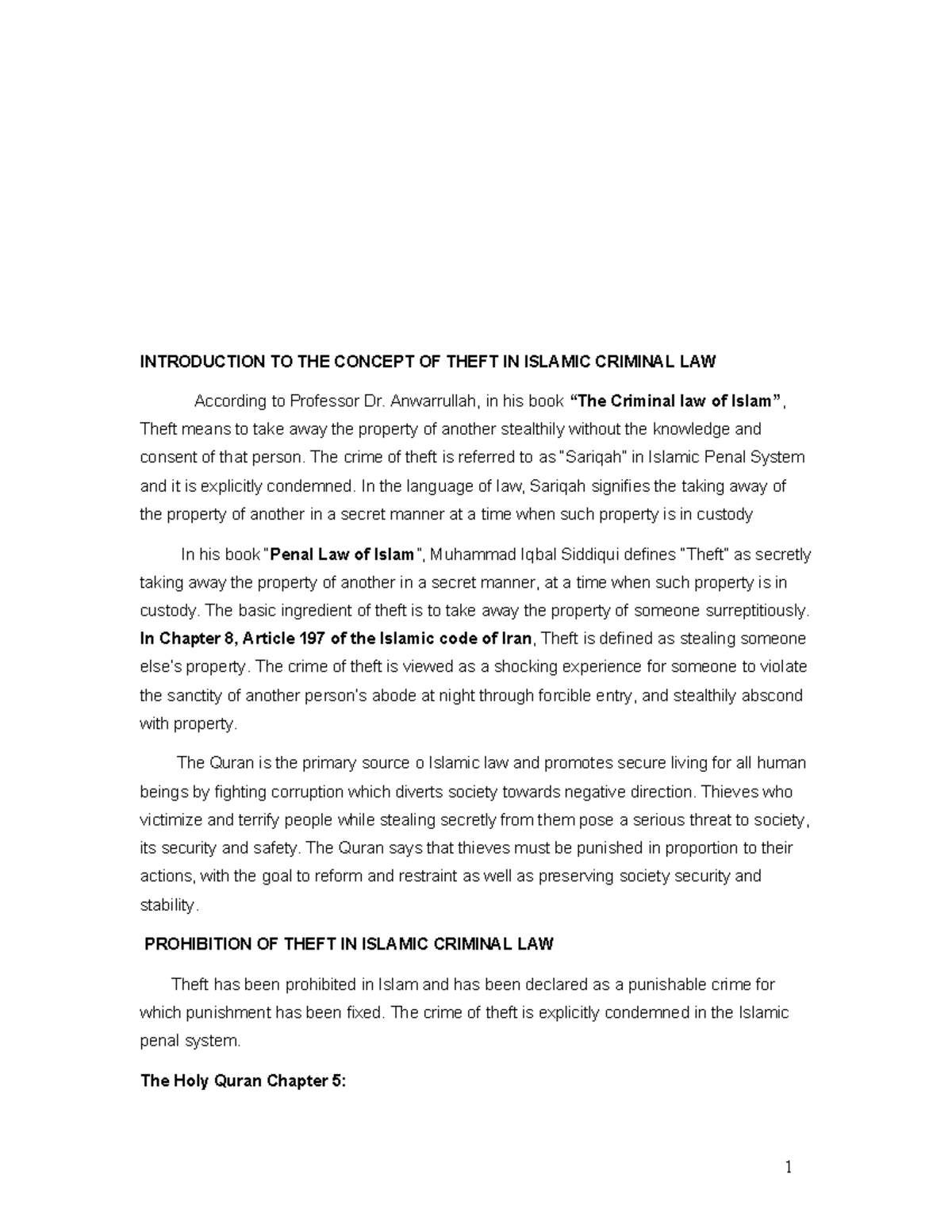 Theft - islamic law - INTRODUCTION TO THE CONCEPT OF THEFT IN ISLAMIC CRIMINAL LAW According to ...