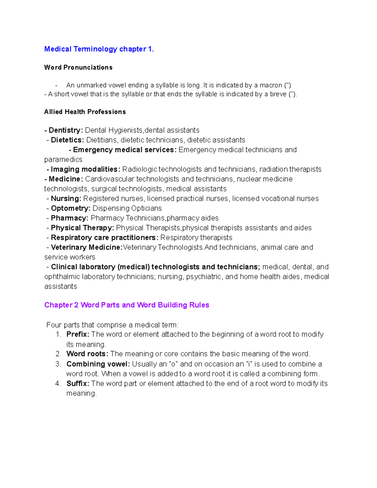 Medical Terminology notes - Medical Terminology chapter 1. Word ...
