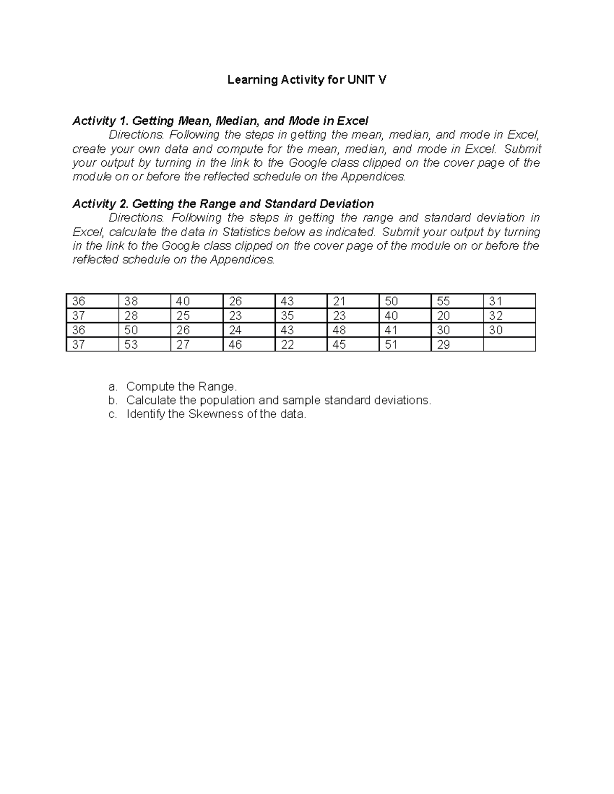 Learning Activity for UNIT V - Learning Activity for UNIT V Activity 1 ...
