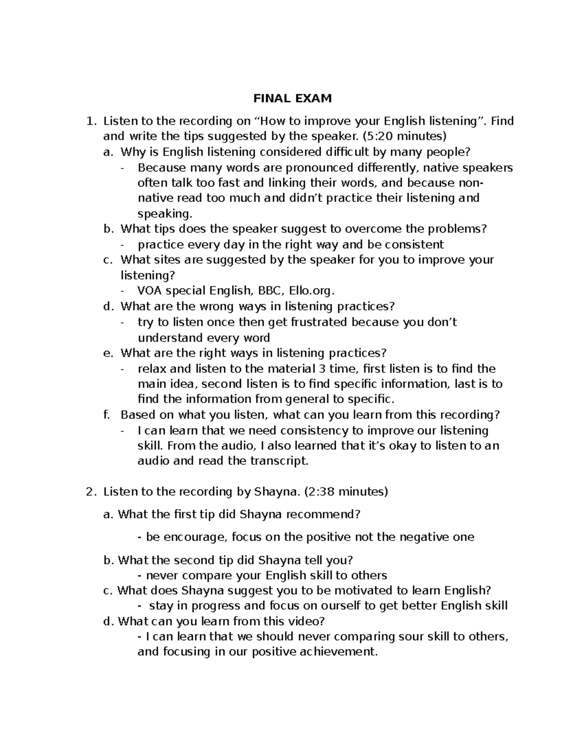 Listening for Information and Enjoyment Final Exam - FINAL EXAM Listen ...