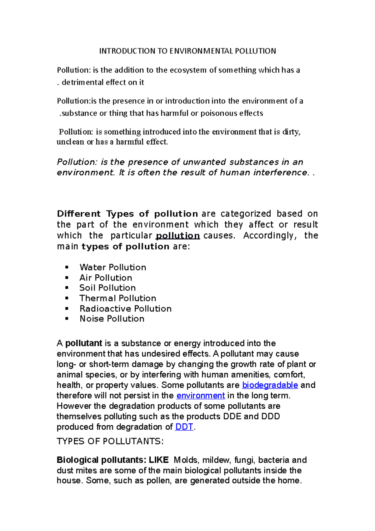 التلوث - INTRODUCTION TO ENVIRONMENTAL POLLUTION Pollution: is the ...
