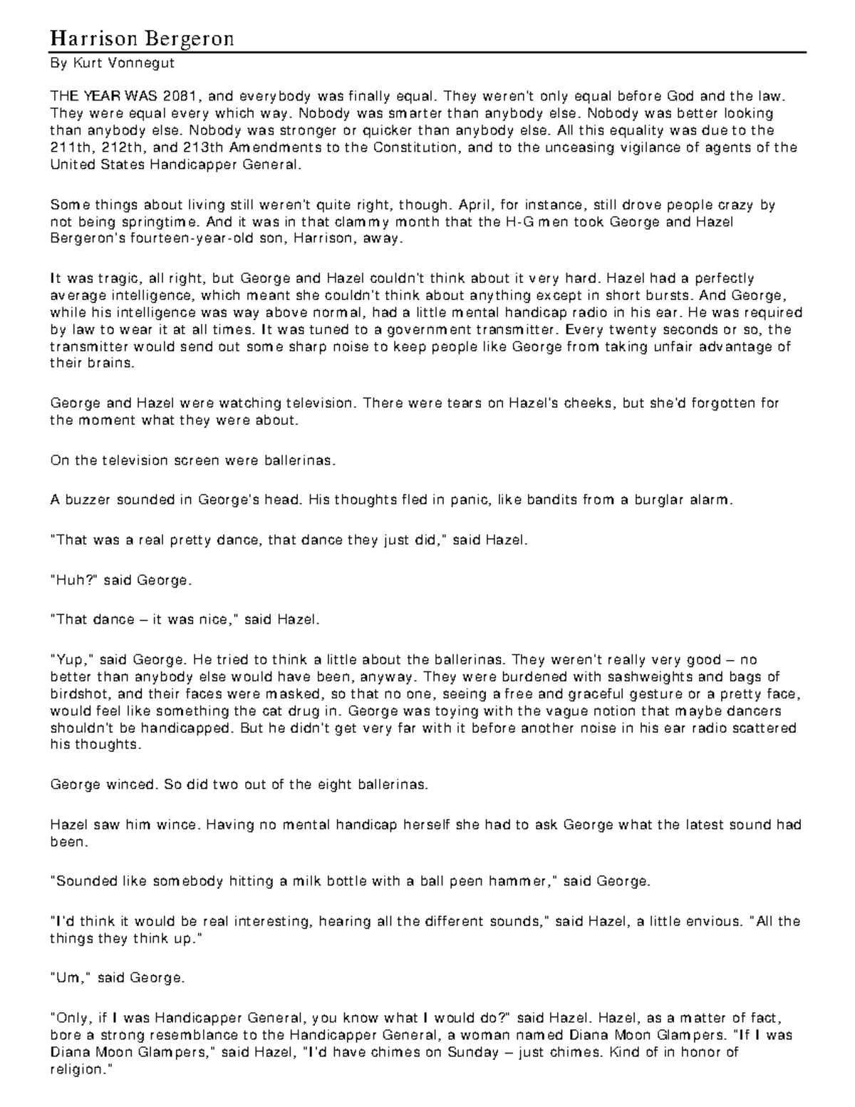 Harrison Bergeron (Vonnegut) Full Text - Harrison Bergeron By Kurt ...