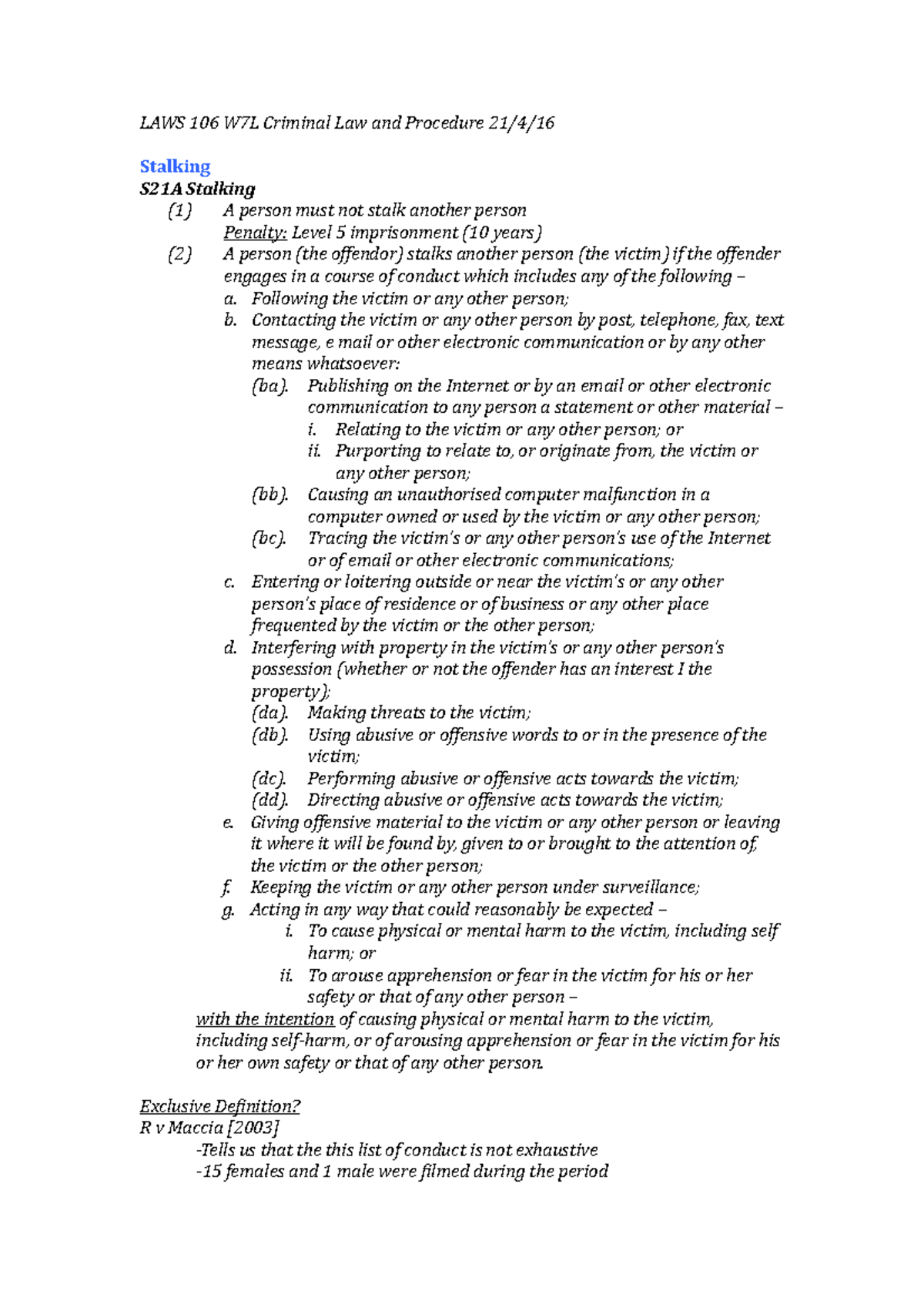 LAWS 106 W7L Non-Fatal Offences Part 2 - LAWS 106 W7L Criminal Law and ...