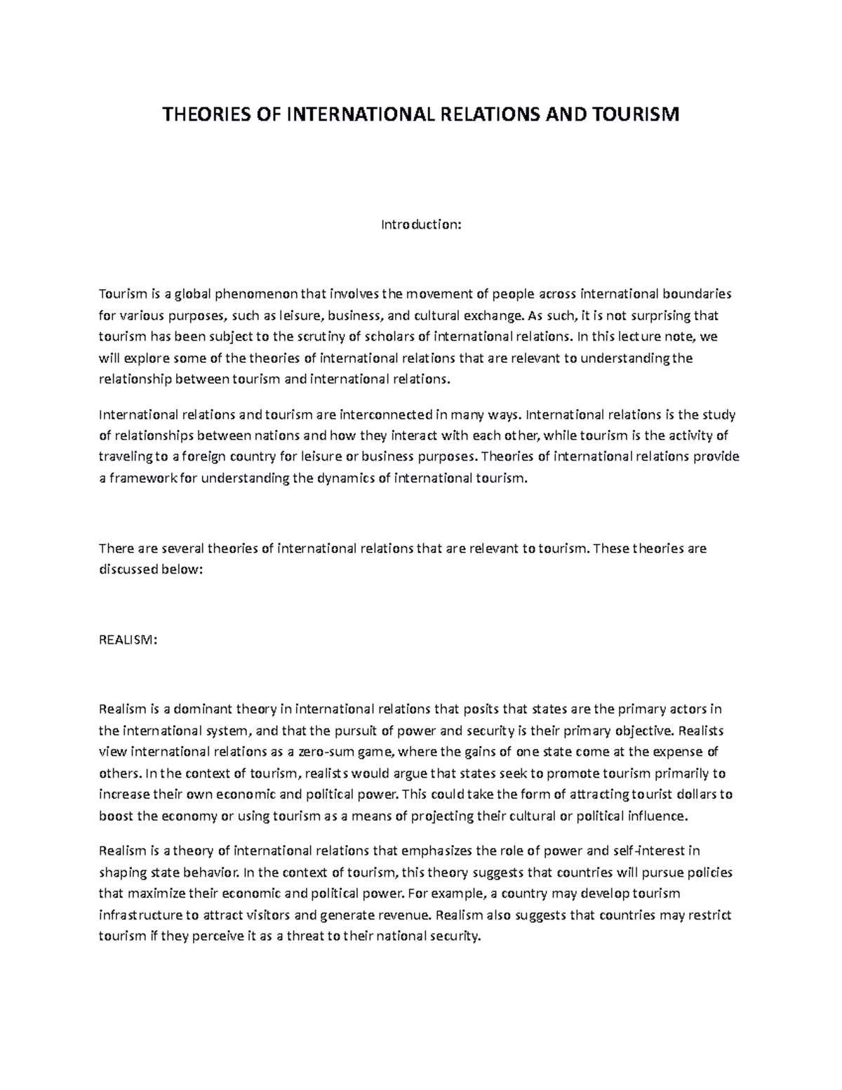 Theories OF International Relations AND Tourism - THEORIES OF ...