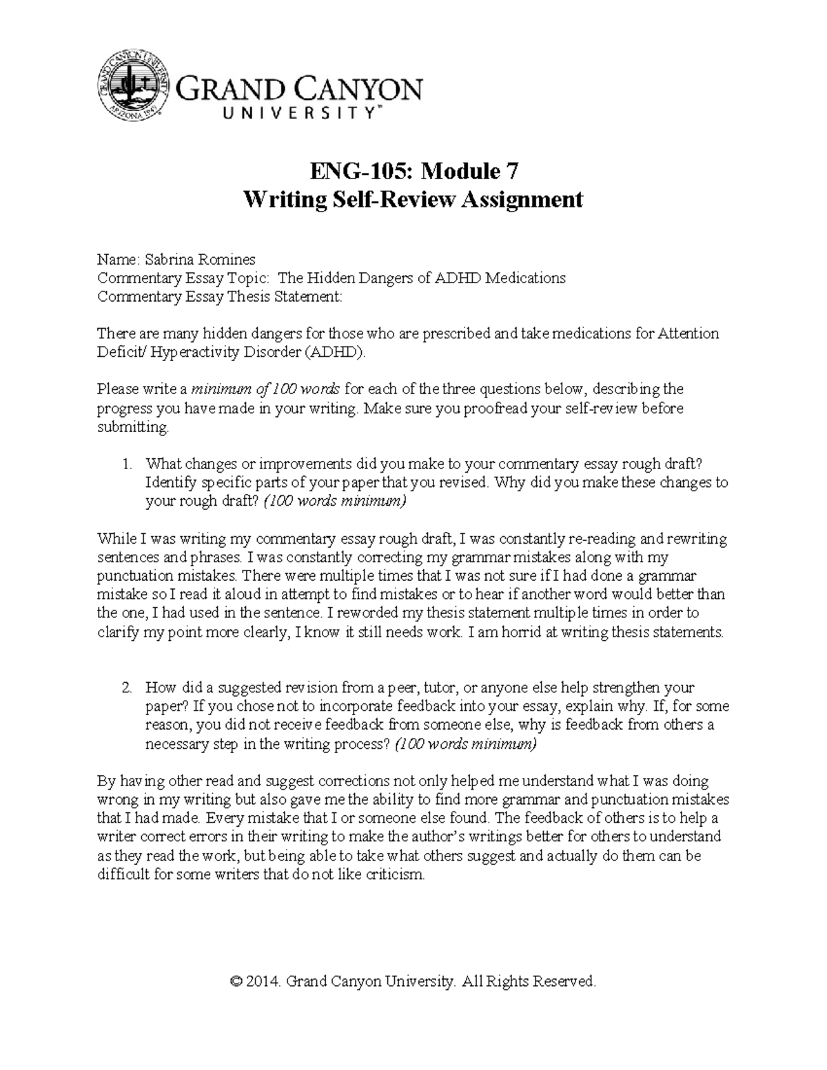 Self Review Assignment-ENG105 - ENG-105: Module 7 Writing Self-Review ...