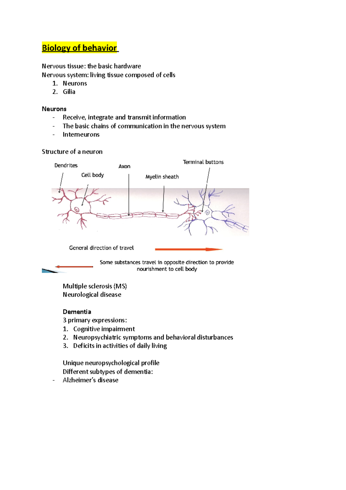 Biology of behavior - notes - Biology of behavior Nervous tissue: the ...