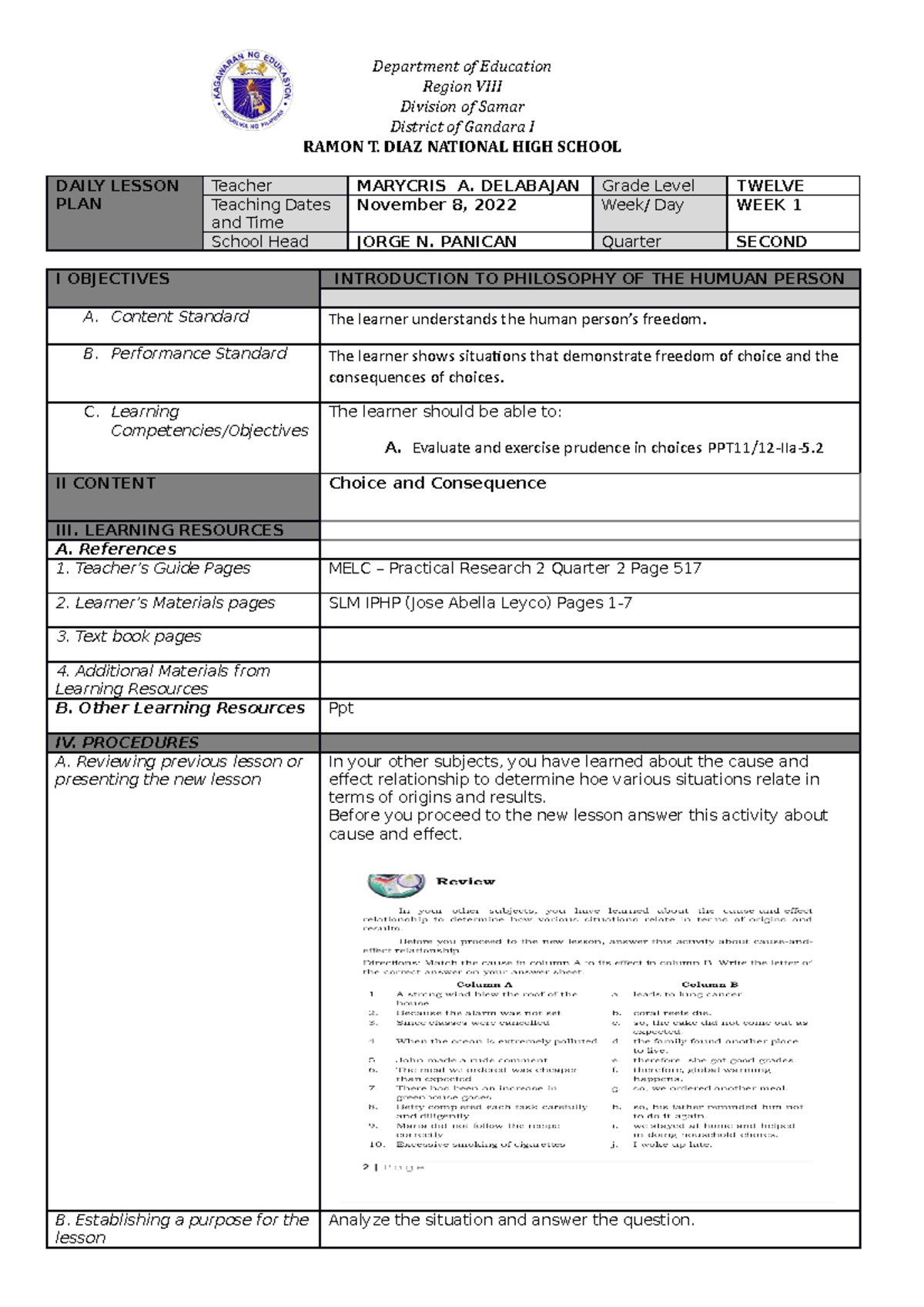 Q2-L1-IPHP - daily lesson plan - Department of Education Region VIII ...