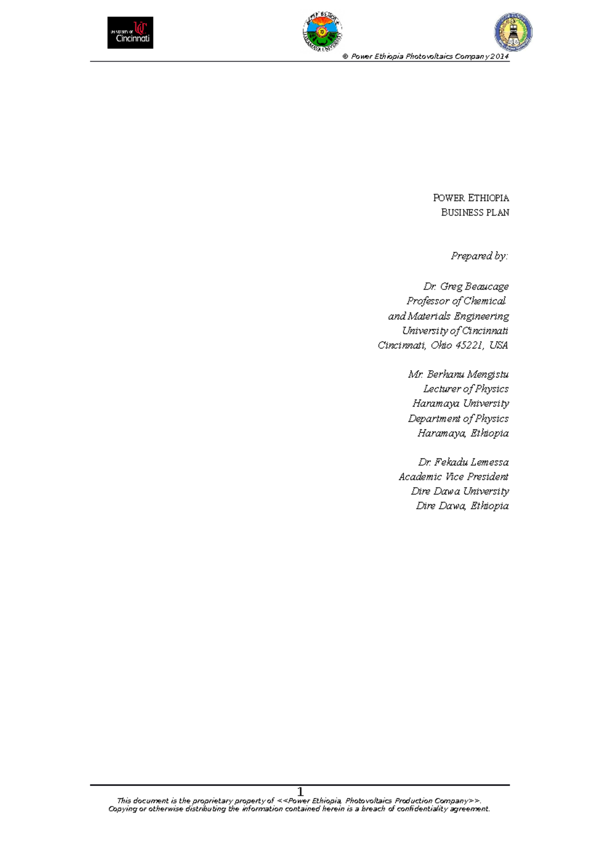 Power Ethiopia Business Plan - POWER ETHIOPIA BUSINESS PLAN Prepared by ...