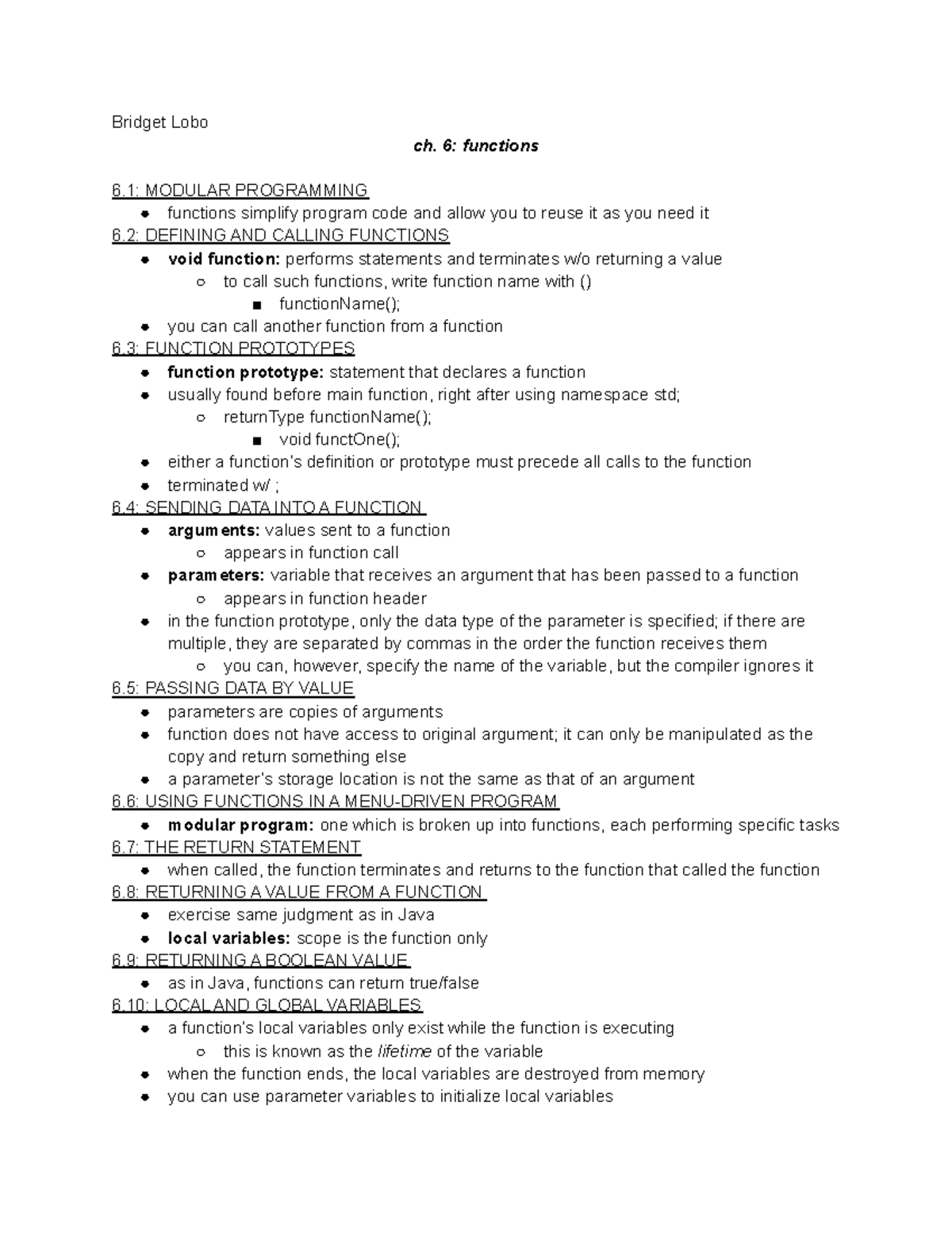 Ch. 6 - functions - Bridget Lobo ch. 6: functions 6: MODULAR PROGRAMMING functions simplify ...