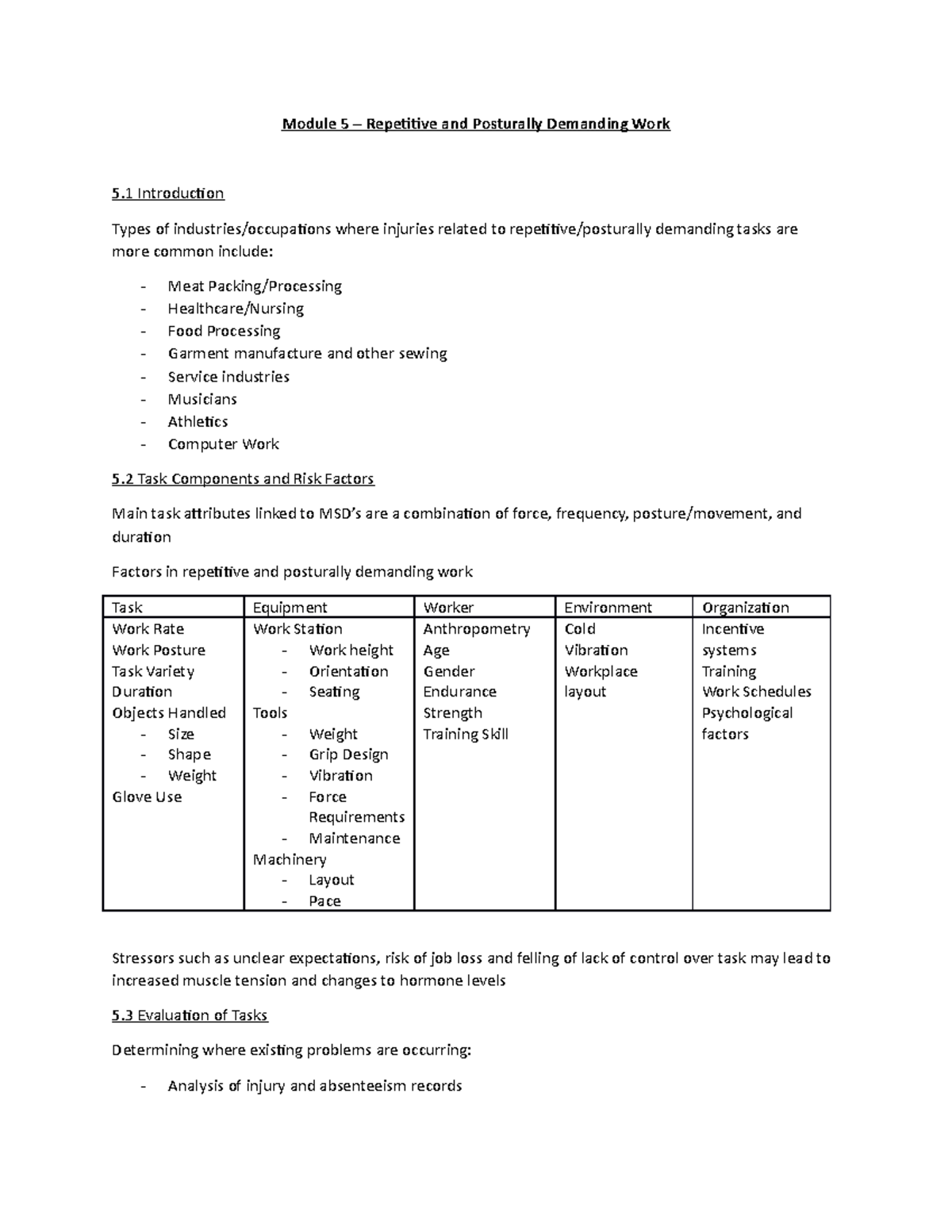 Module 5 Repetitive and Posturally Demanding Work Notes - This may be ...