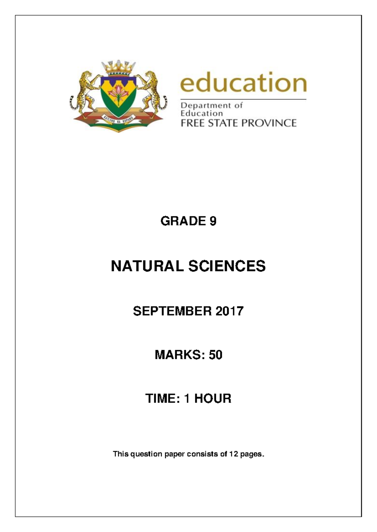 Natural Sciences GR9 September 2017 Question Paper 1506412207 - GRADE 9 ...