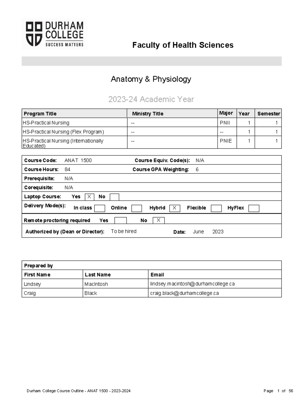 ANAT 1500 2024 - Corequisite: N/A Year Semester 1 1 1 1 1 1 Course Code ...