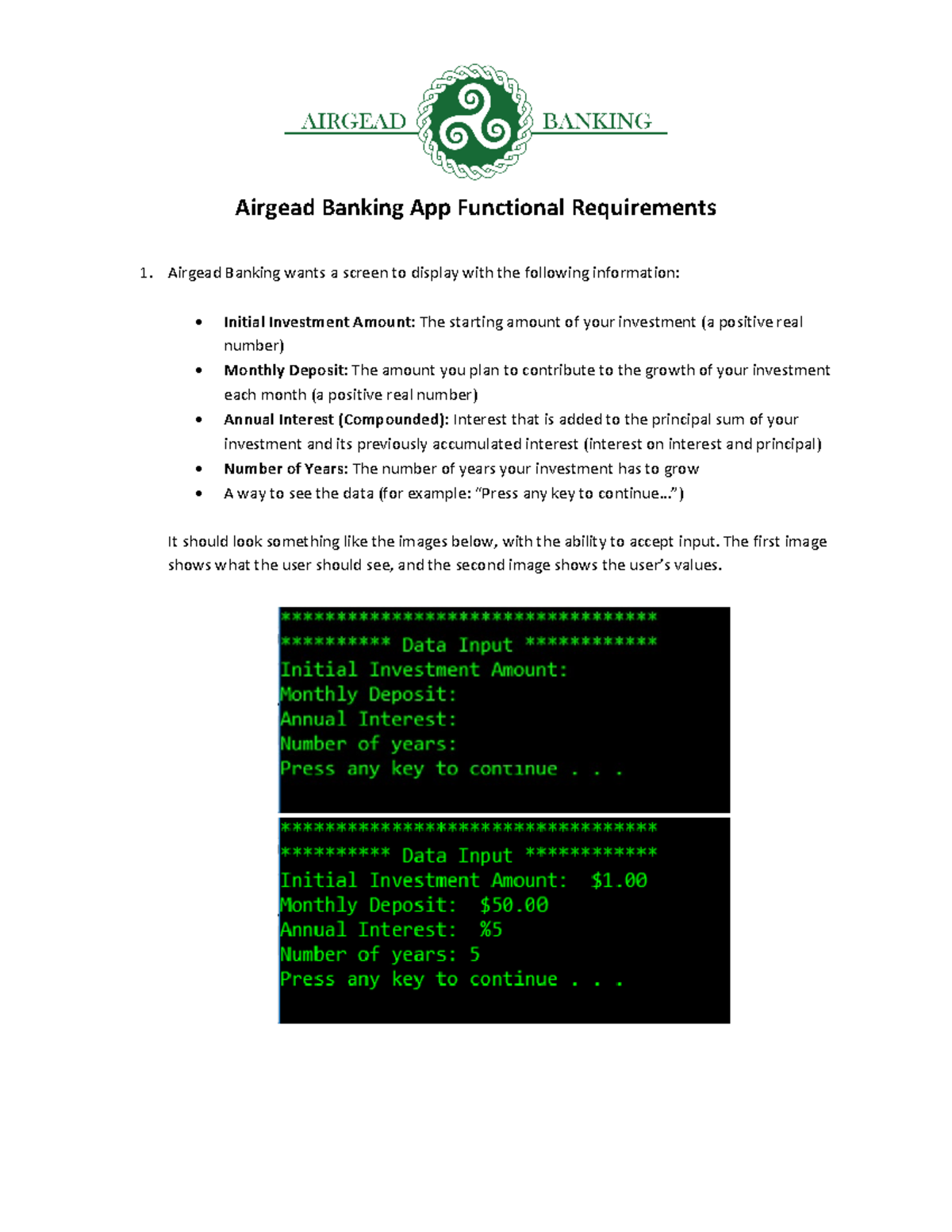 CS 210 Airgead Banking App Functional Requirements - Airgead Banking ...