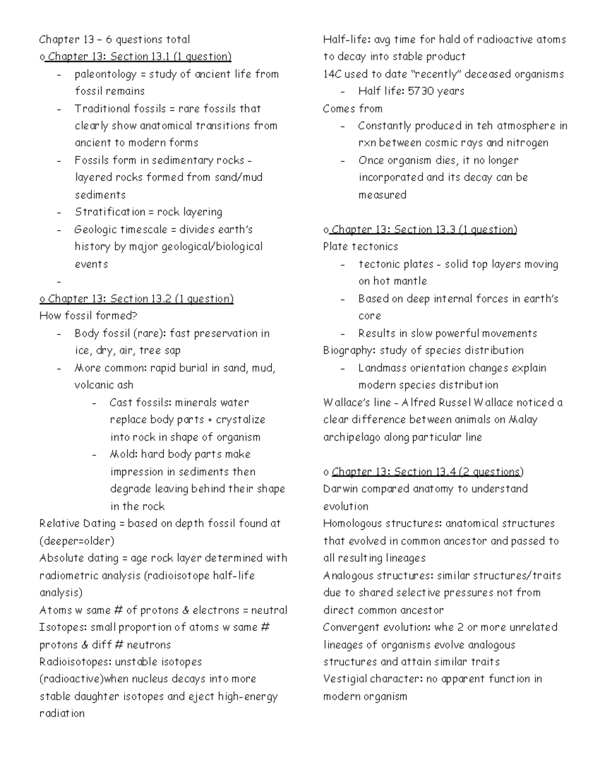 Bio lec studyguide - Goodluck! - Chapter 13 – 6 questions total o Chapter 13: Section 13 (1 ...