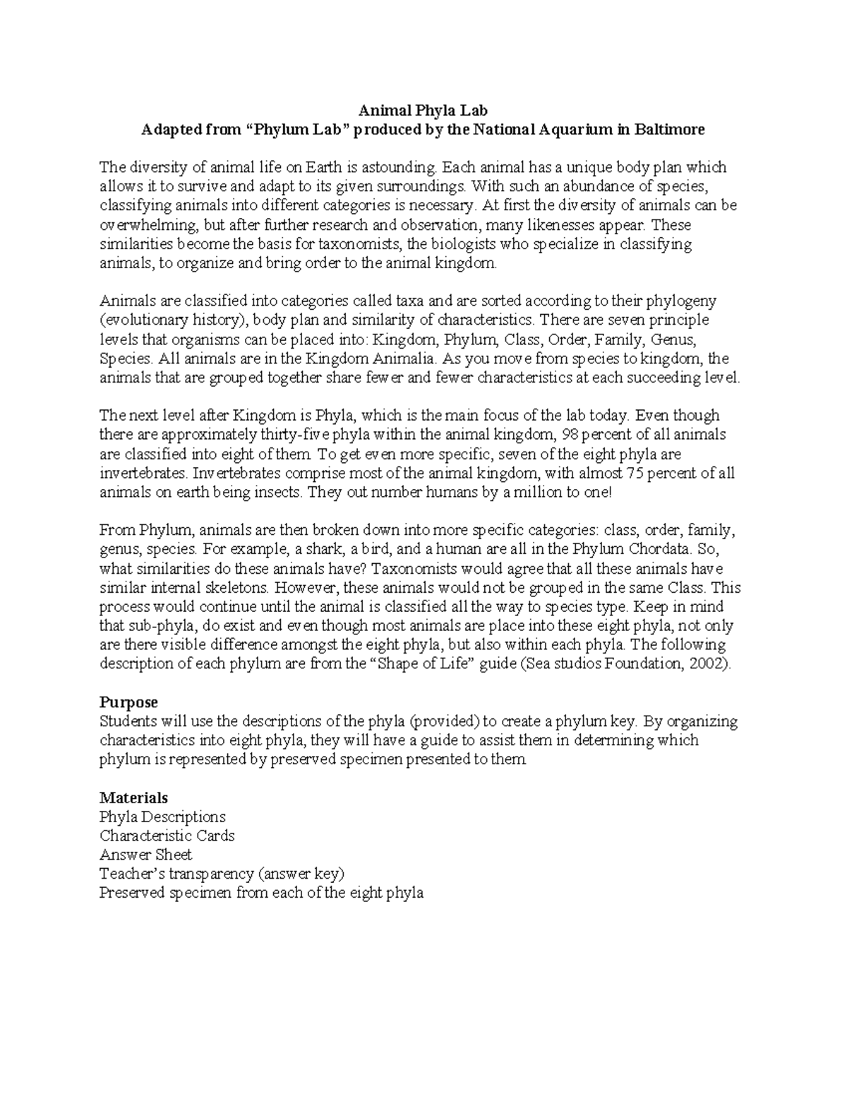 10s Animal Phyla Lab - bio answers - Animal Phyla Lab Adapted from “Phylum Lab” produced by the ...