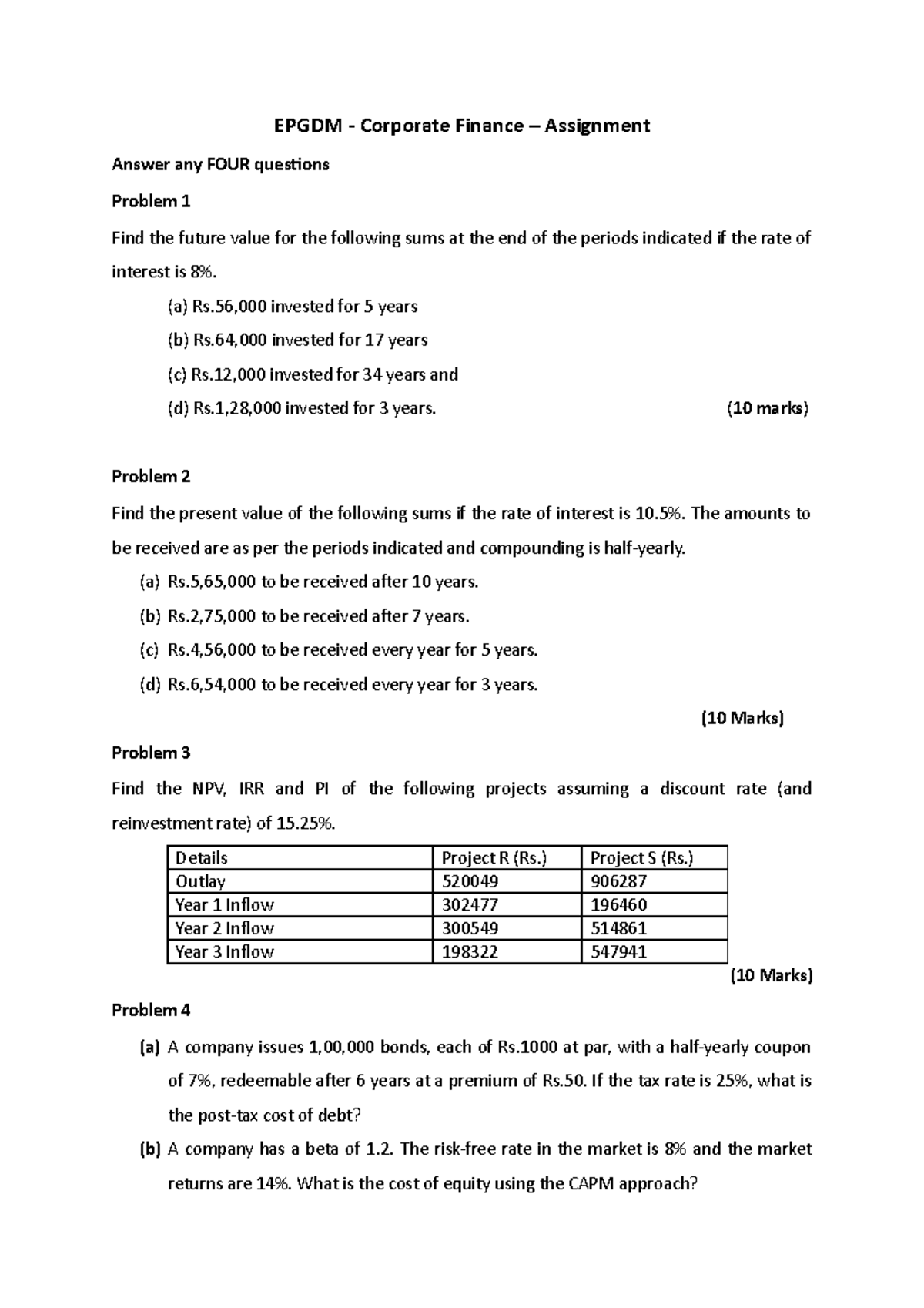 Assignment Work - CF - June 2022 - EPGDM - Corporate Finance – Assignment Answer any FOUR ...