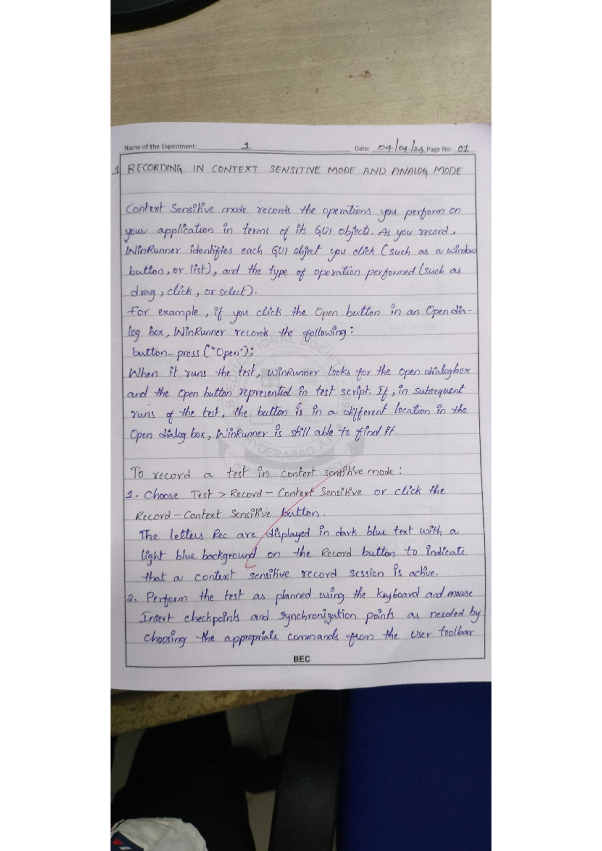 Stm lab record - Name of the Experiment: 1 Date: Page No: 01 1 RECORDING IN CONTEXT SENSITIVE ...