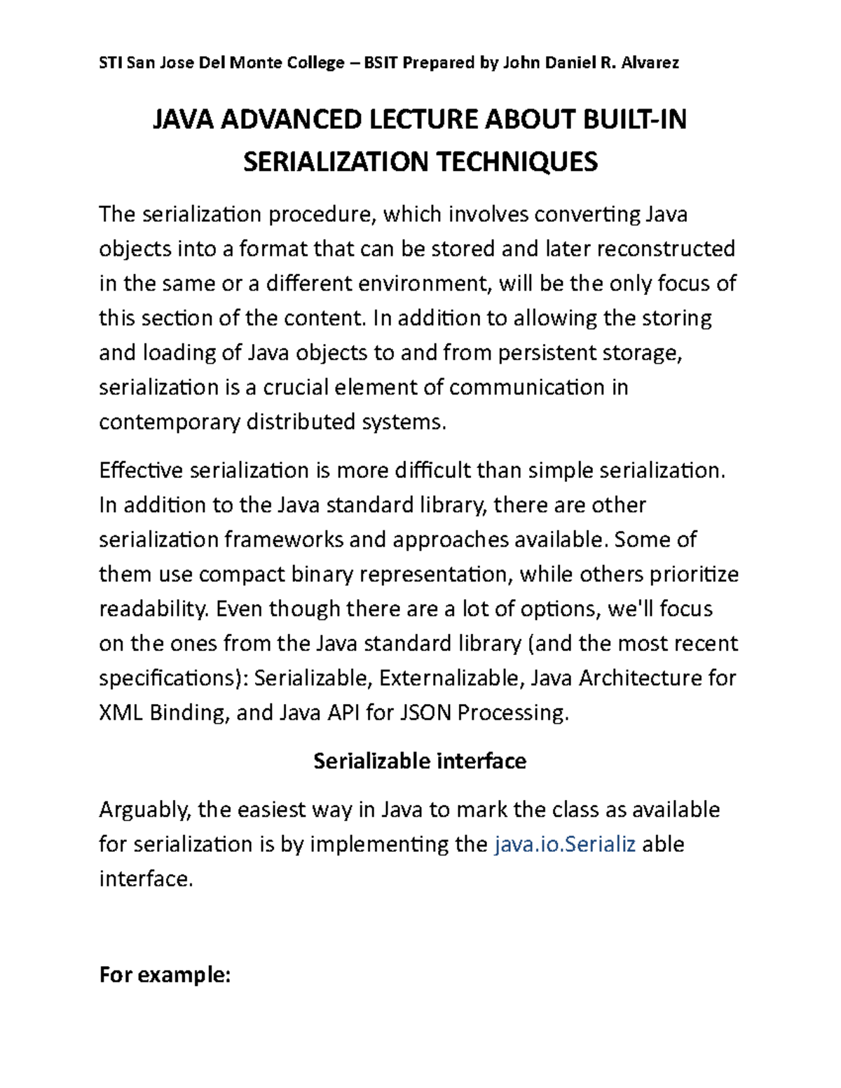 Java Advanced Lecture about Built-in Serialization techniques - JAVA ...