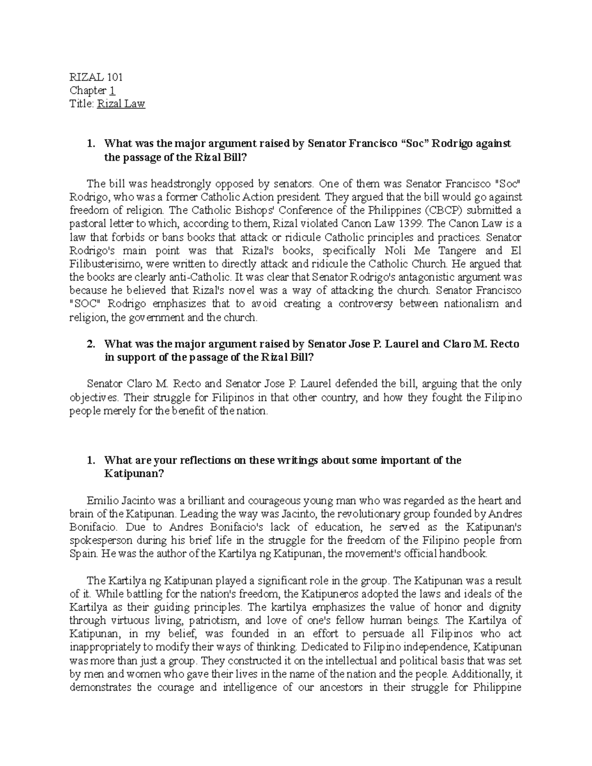 Rizal 101 - hehe - RIZAL 101 Chapter 1 Title: Rizal Law 1. What was the major argument raised by ...