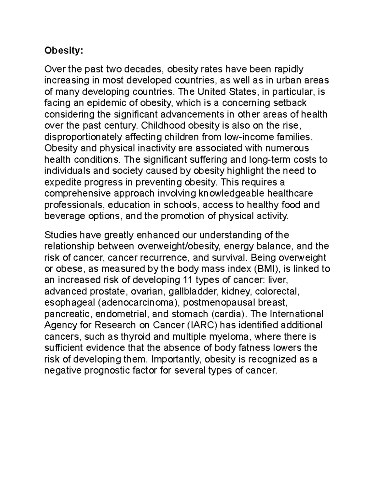 Obesity - Notes - Obesity: Over the past two decades, obesity rates ...