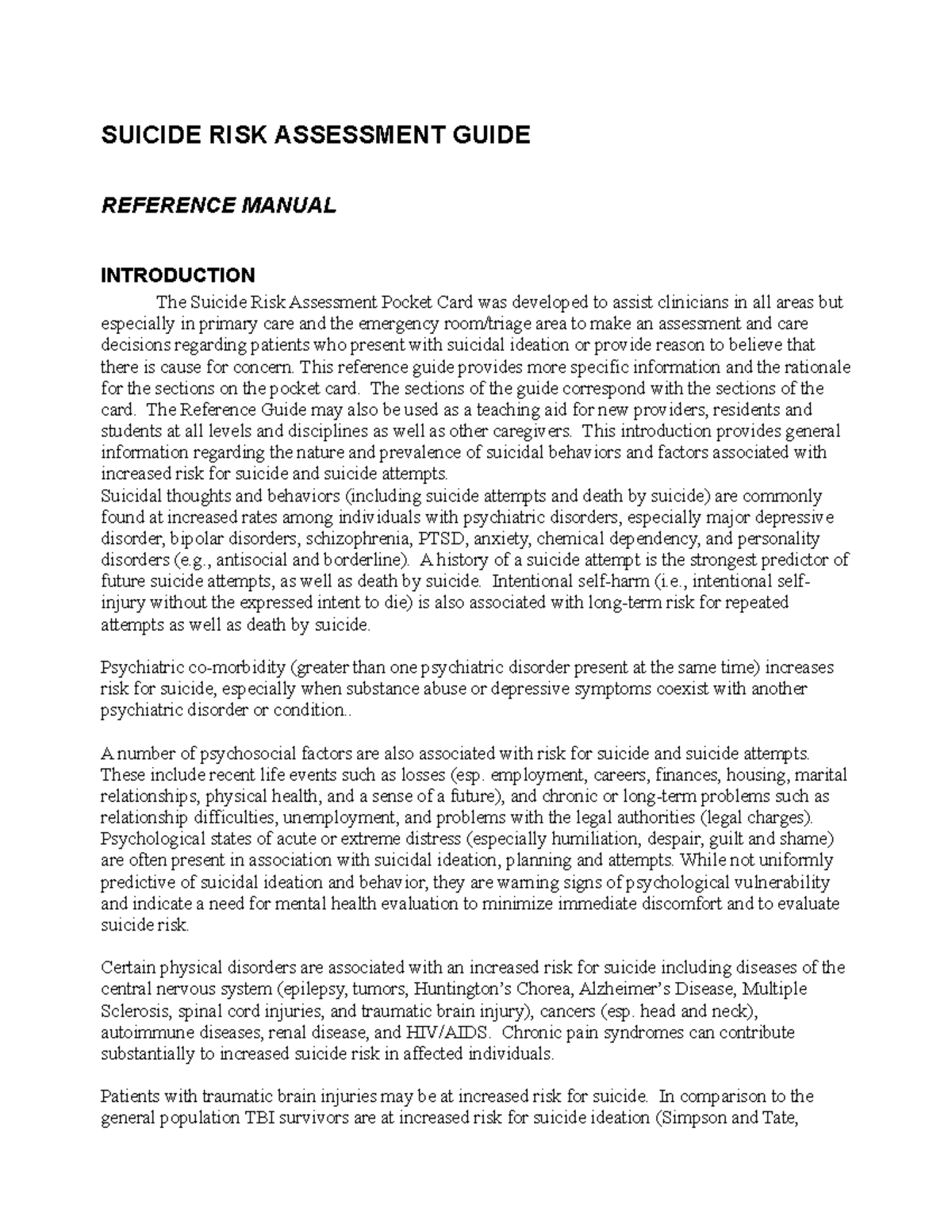 Suicide risk assessment guide - SUICIDE RISK ASSESSMENT GUIDE REFERENCE ...