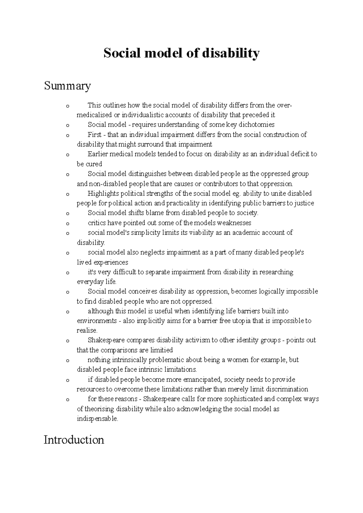 Reading 1 Social model of disability - Social model of disability ...