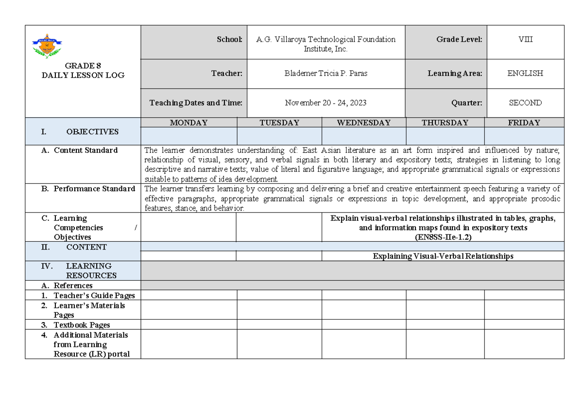 Grade 8 - Nov 20-24 (English) - GRADE 8 DAILY LESSON LOG School: A ...