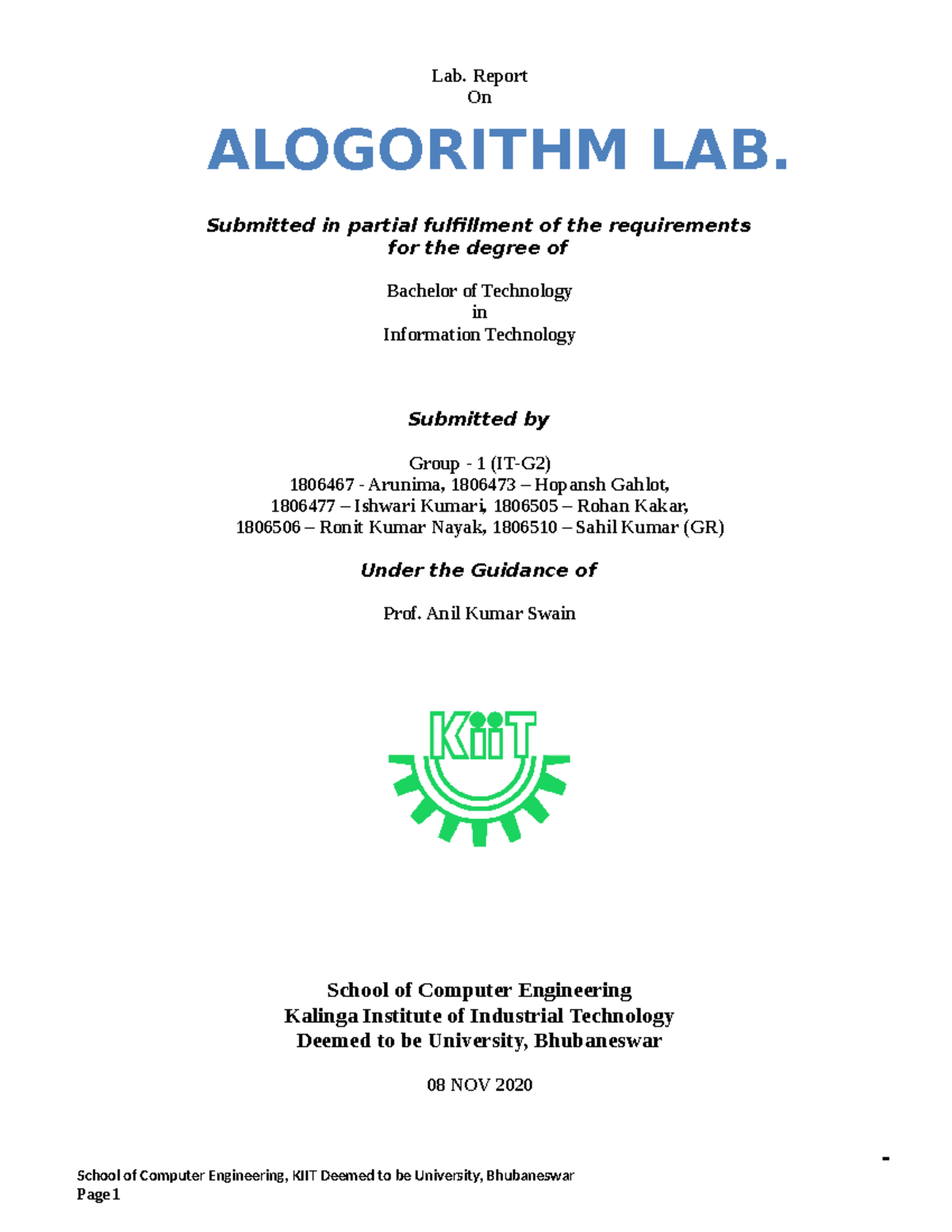 DAA submission - Assignments on DAA - Lab. Report On Submitted in partial fulfillment of the ...