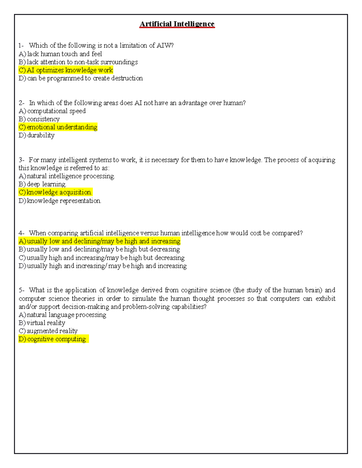 Sample Midterm Exam (Artificial Intelligence) - Artificial Intelligence 1- Which of the ...