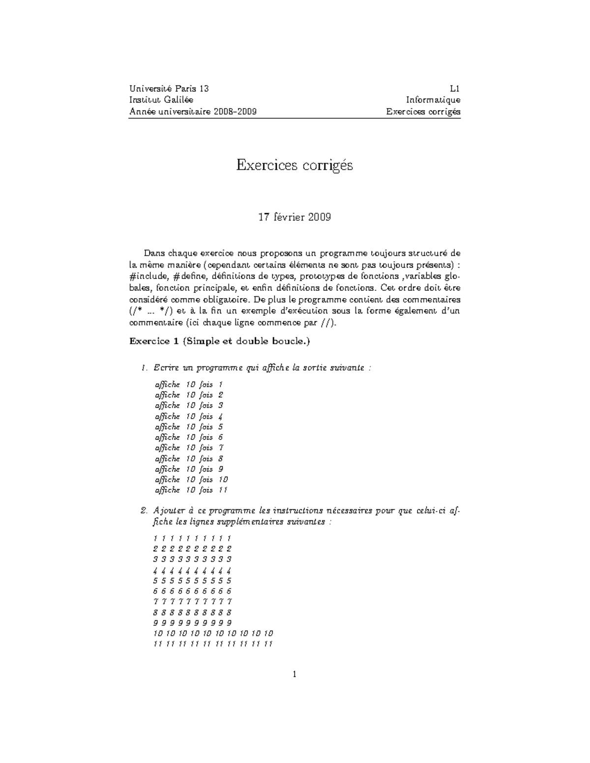 Exercices Corriges Informatique Exercices corrig´e - Universit ́e Paris 13 Institut Galil ́ee ...